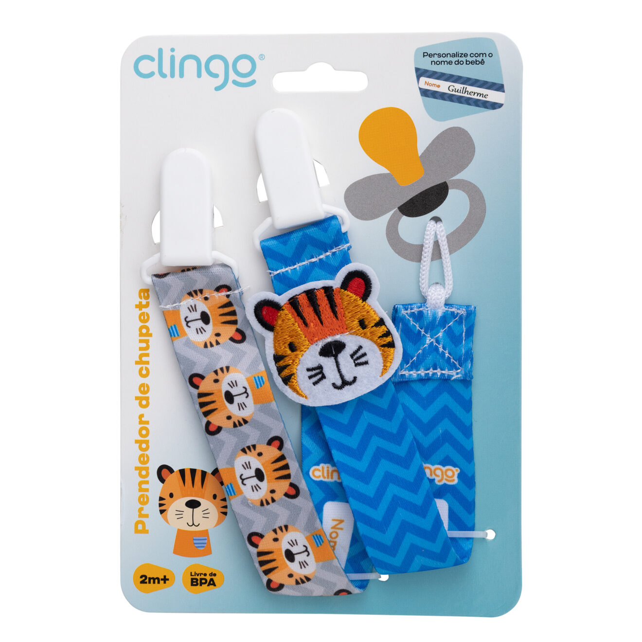 PRENDEDORES DE CHUPETA TIGRE – AZUL E CINZA – CLINGO – Compartkids